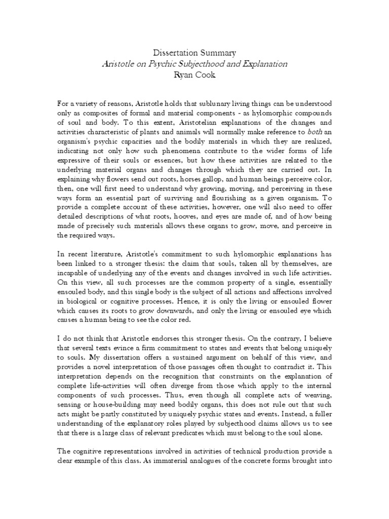 Aristotle On Psychic Subjecthood and Explanation: Dissertation Summary ...