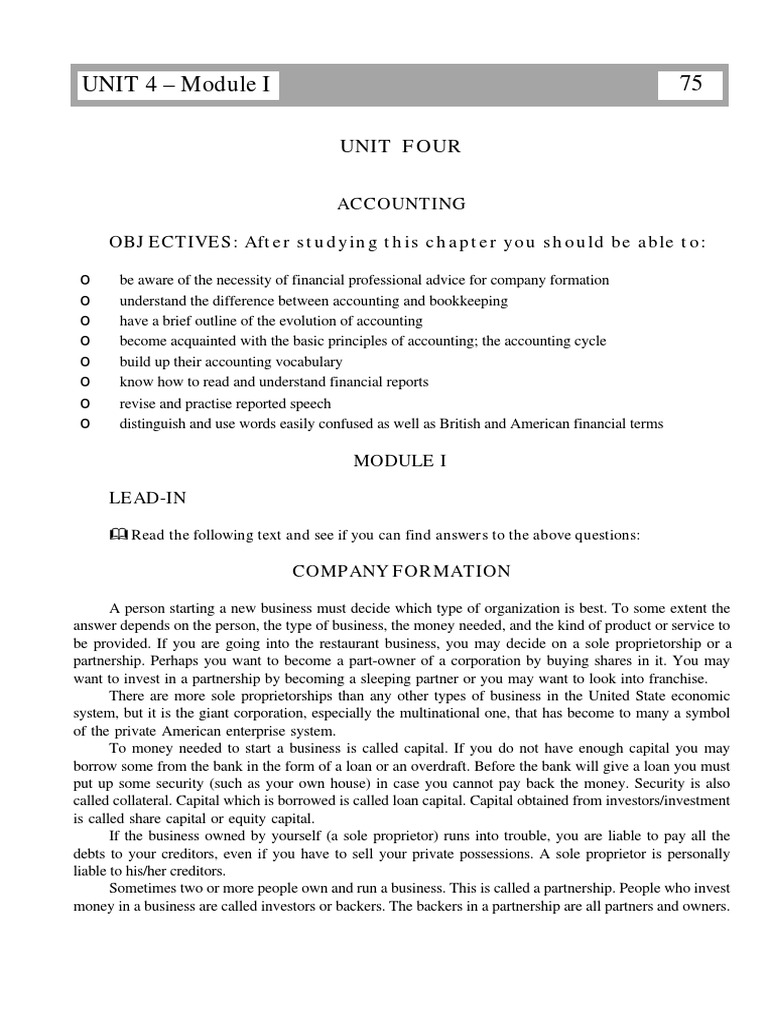 UNIT 4 - Module I 75: Accounting OBJECTIVES: After Studying This ...