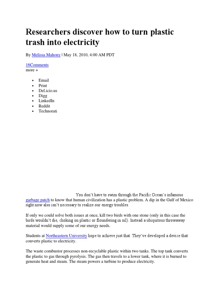 Researchers Discover How To Turn Plastic Trash Into Electricity | PDF ...