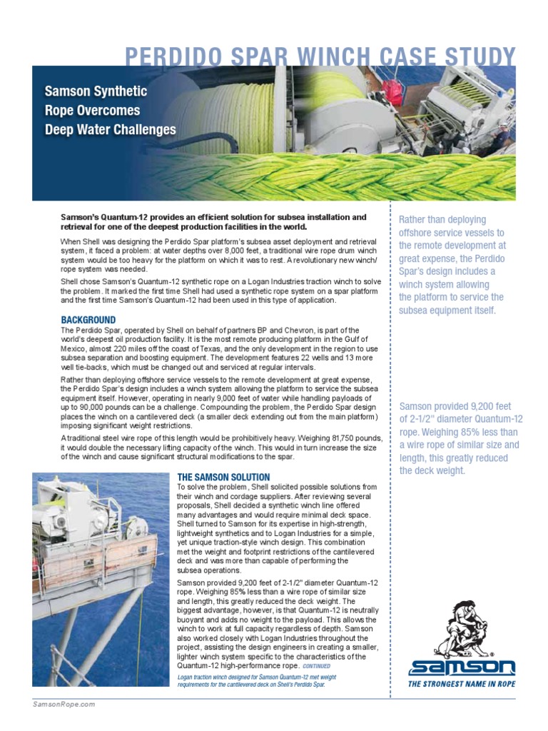 Perdido Spar Winch Case Study: Samson Synthetic Rope Overcomes Deep Water Challenges | PDF ...