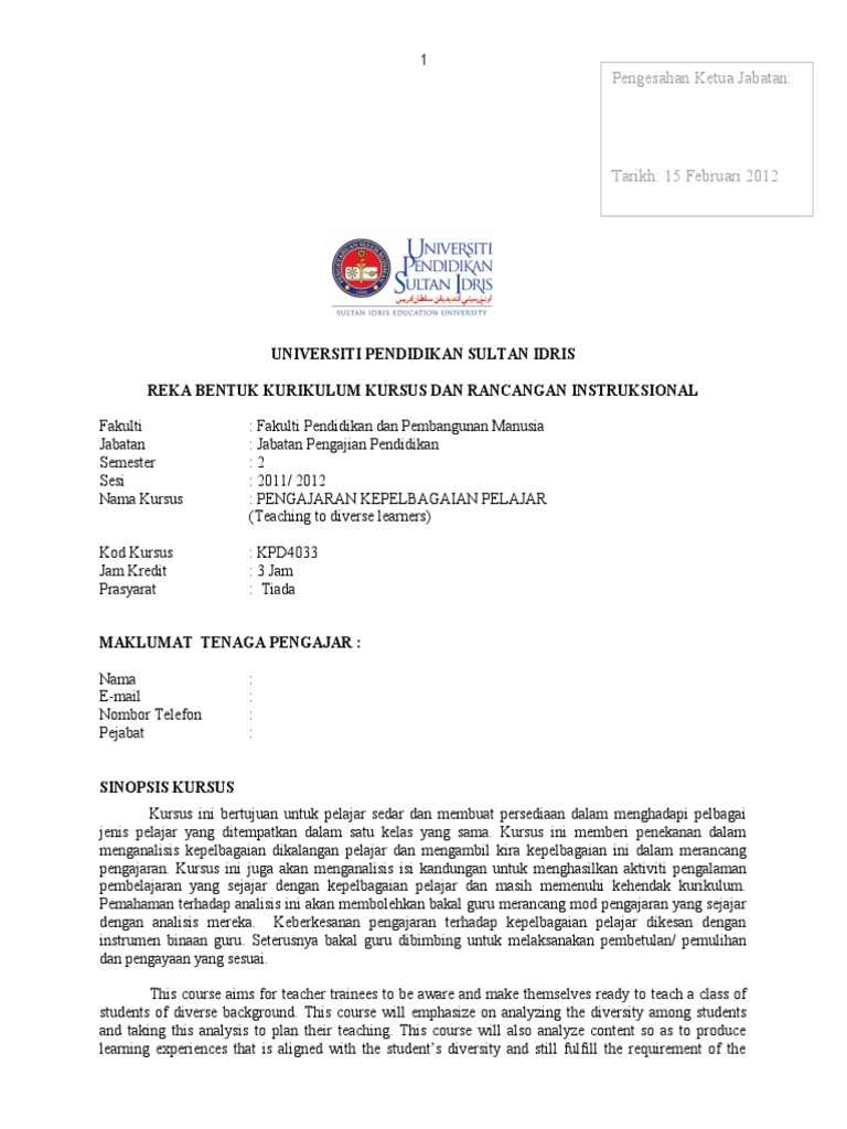 Sinopsis Kursus KPD 4033 Pengajaran Kepelbagaian Pelajar | PDF