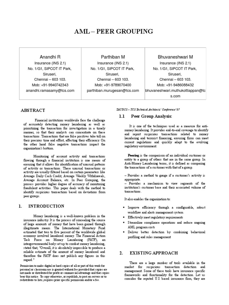 TACTiCS Paper On Peer Grouping | PDF | Money Laundering | Analytics