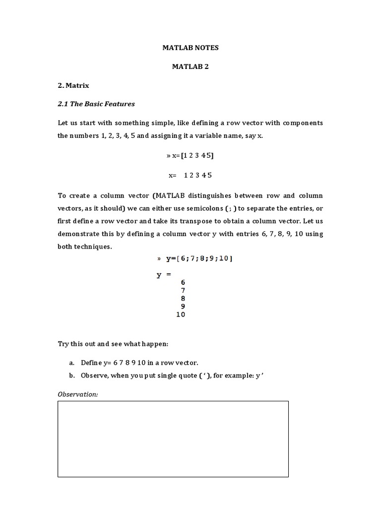 21 The Basic Features Matlab Notes Matlab 2 2 Matrix Pdf Matrix