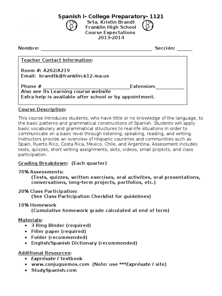 Spanish 1 Course Expectations Brandt | PDF | Vocabulary | Speech