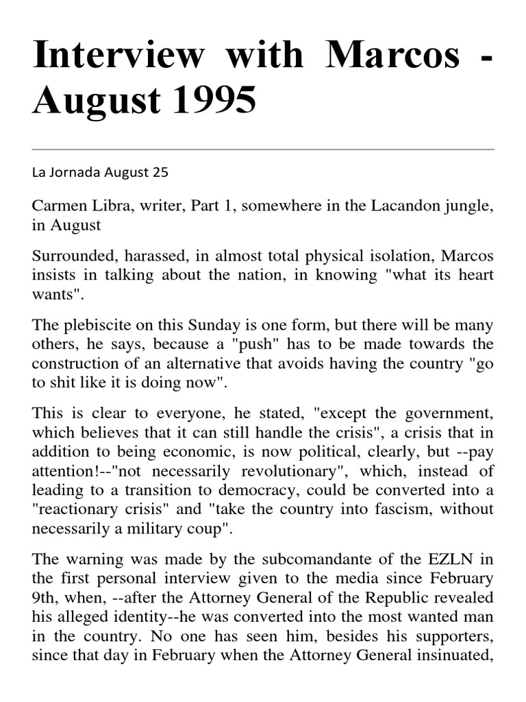 Interview With Marcos - August 1995 | PDF | Zapatista Army Of National ...