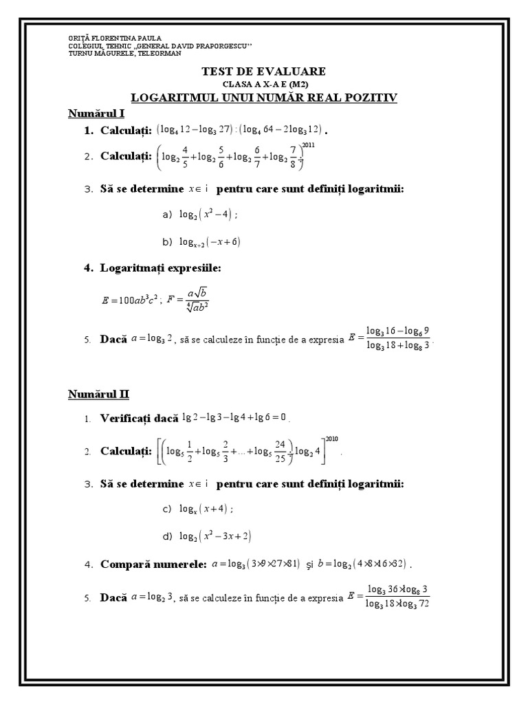Test Logaritmi | PDF