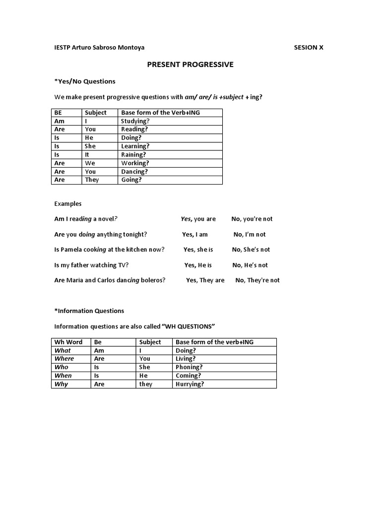 Present Progressive Question Formation | PDF | Language Arts & Discipline