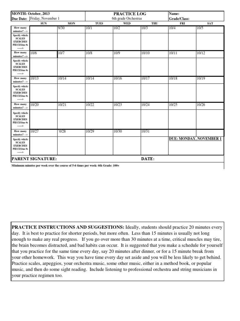 6th Grade Orchestra Practice Log | PDF