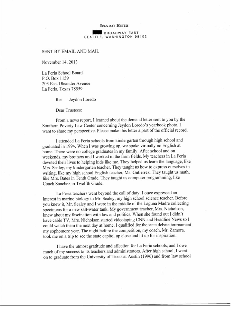 Isaac Ruiz's Letter To The Trustees of The La Feria Schools Regarding ...