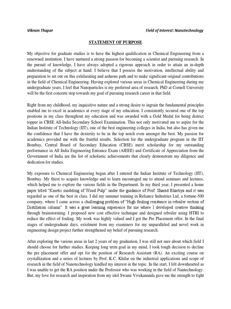 Vikram Thapar S Statement Of Purpose For Phd In Nanotechnology Pdf