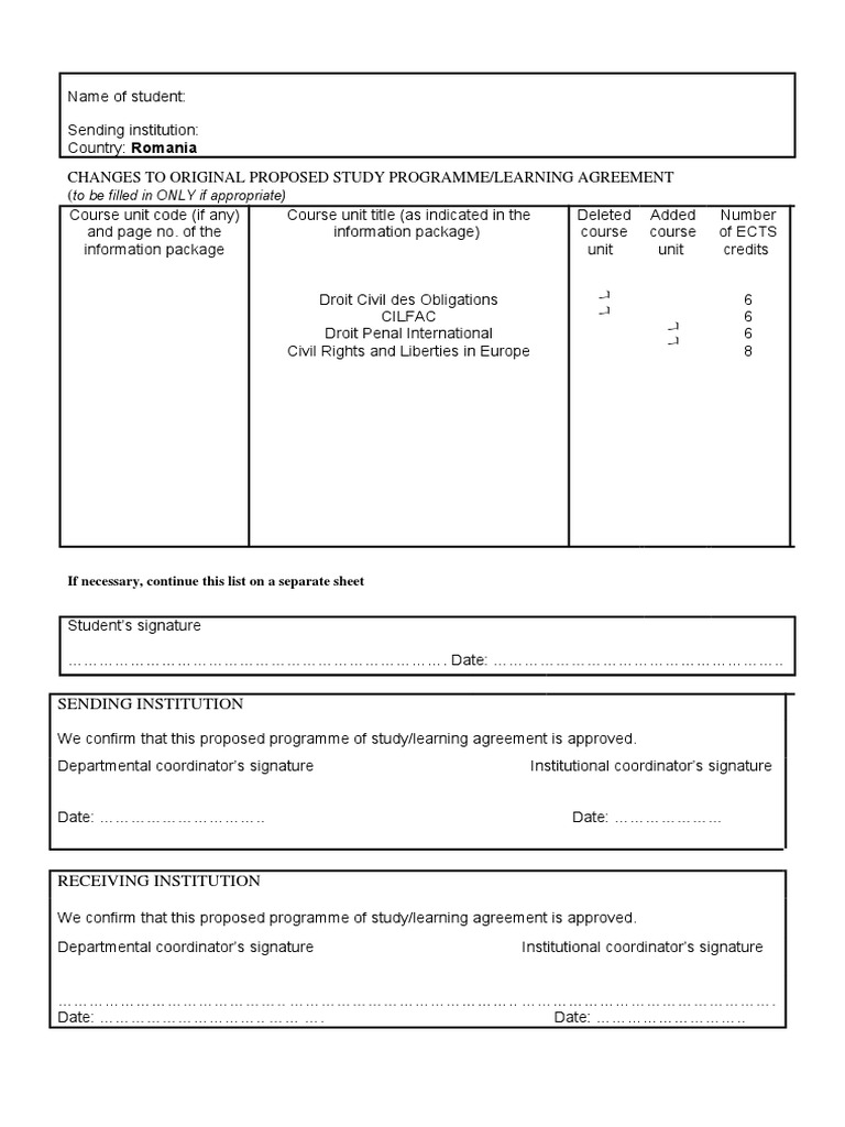 Changes To Original Proposed Study Programme/Learning Agreement ( | PDF | Government | Business