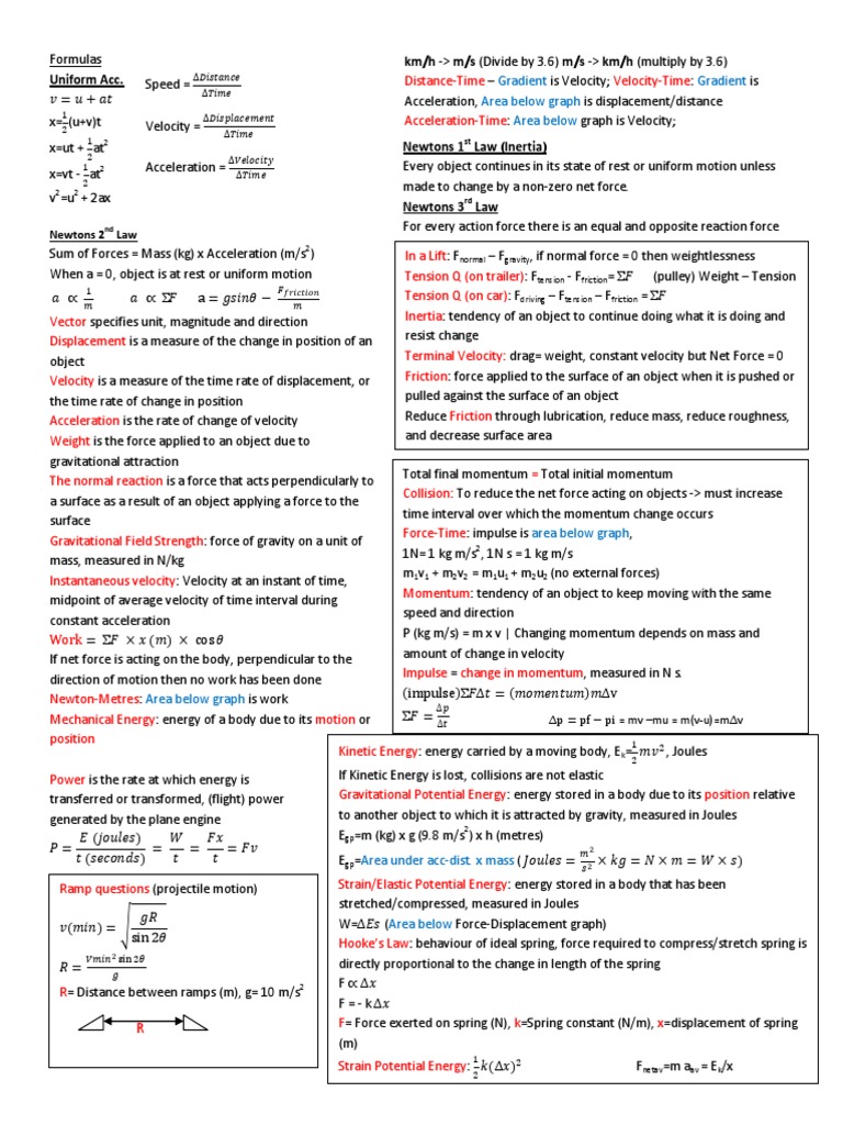 Physics Exam Cheat Sheet | PDF | Velocity | Force