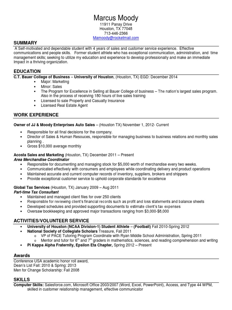 Marcus Moody Resume Sales Update Amy | PDF | Sales | Business