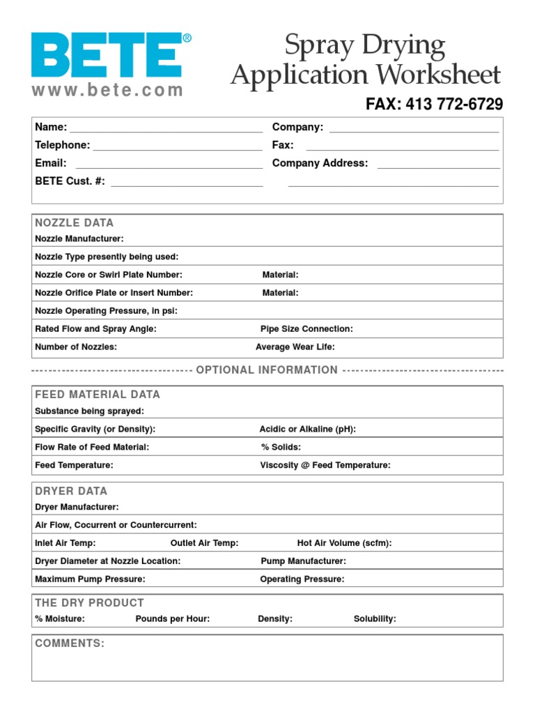 BETE Spray Drying Worksheet | PDF