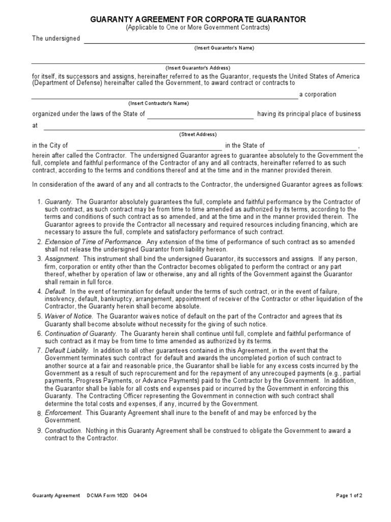 Guaranty Agreement For Corporate Guarantor Dcma Form 1620 | PDF ...