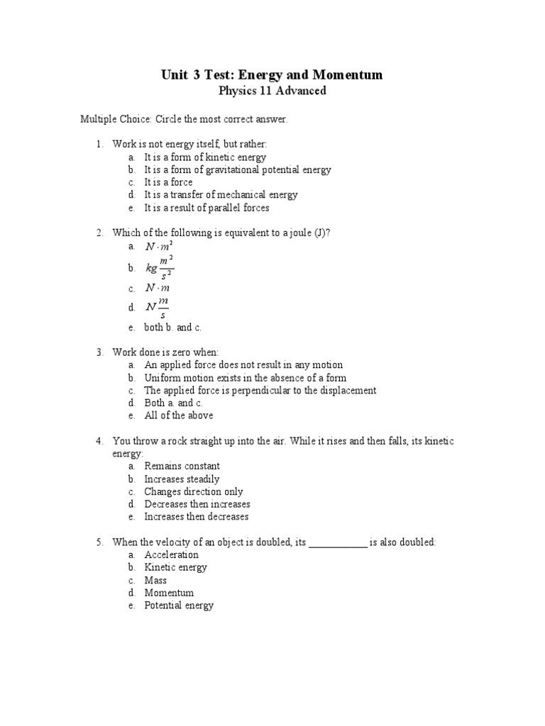Test - Unit 3 - Energy and Momentum | PDF | Force | Momentum