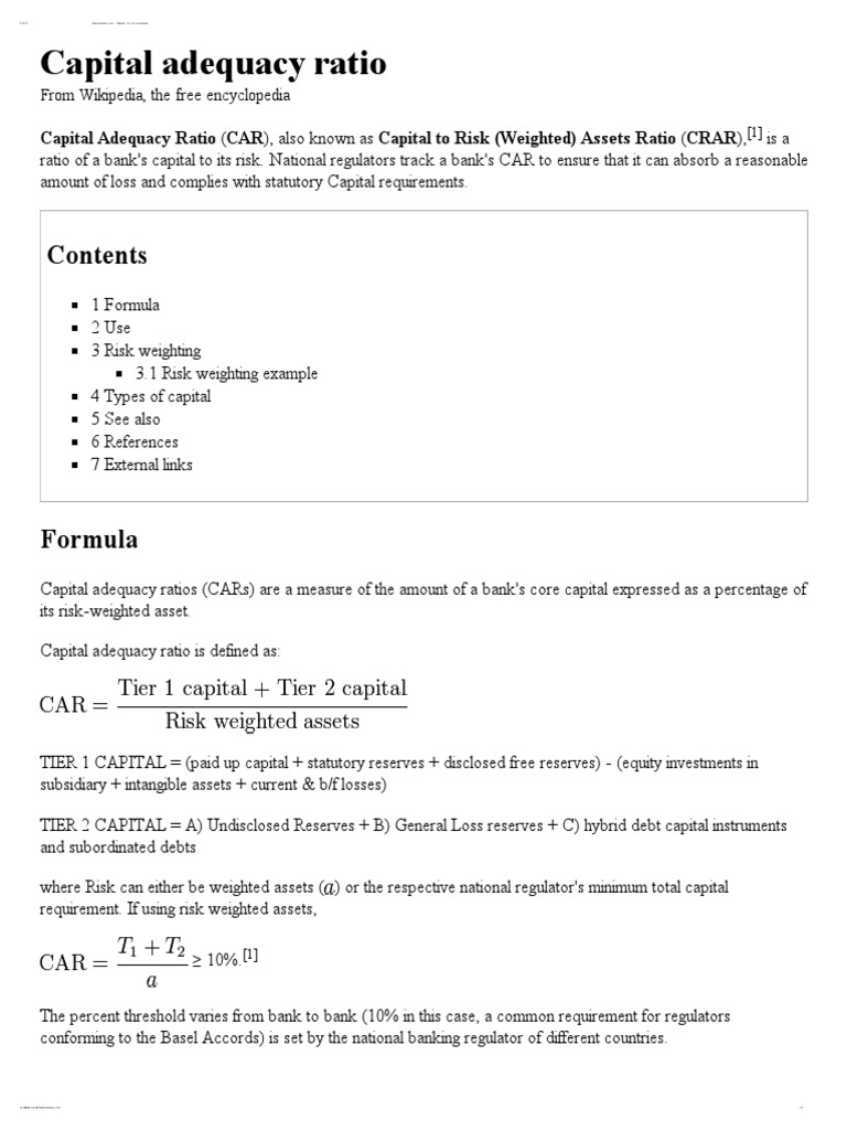 Capital Adequacy Ratio - Wikipedia, The Free Encyclopedia | Capital ...
