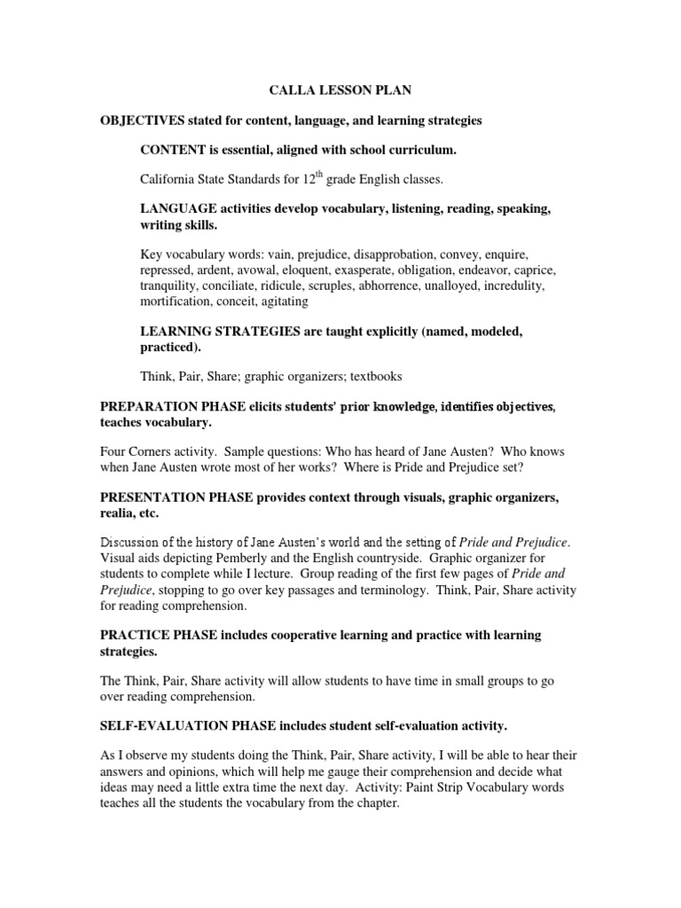 Calla Lesson Plan 504 | PDF | Reading Comprehension | Vocabulary
