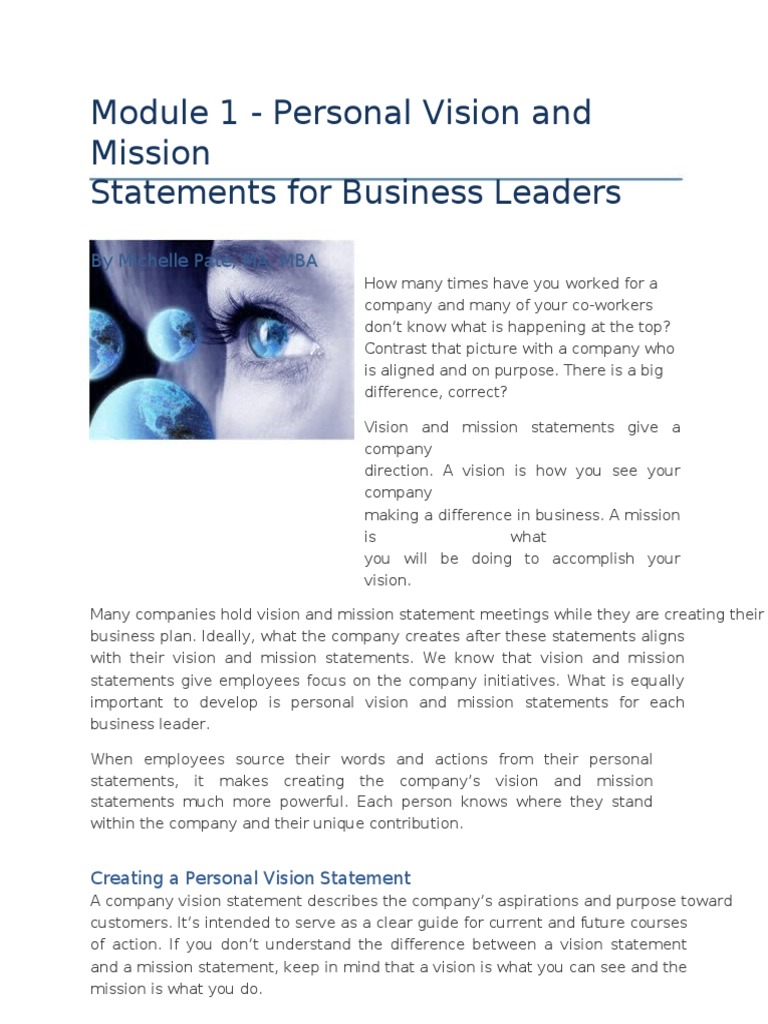 Module 1 - Personal Vision and Mission Statements For Business Leaders ...