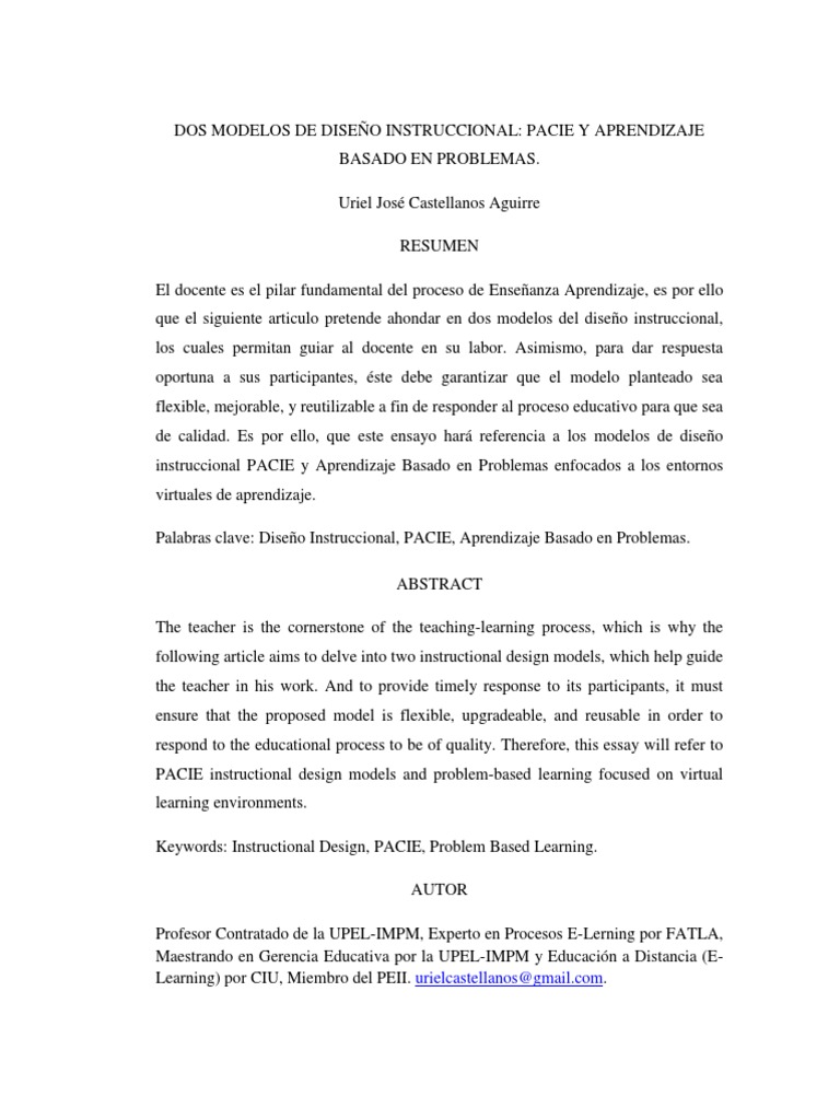 Dos Modelos de Diseño Instruccional Pacie y Aprendizaje Basado en ...