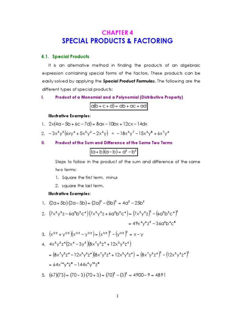 CHAPTER 4 - Special Products & Factoring | PDF | Factorization ...