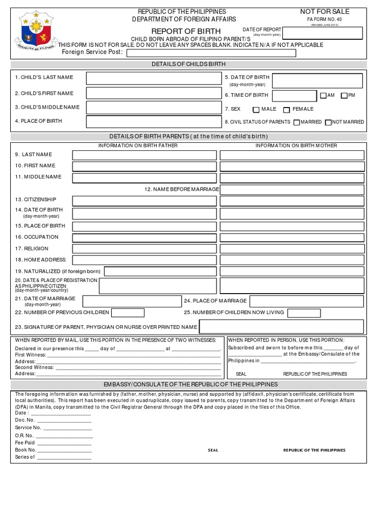 Report of Birth Form (FA Form No. 40) | Marriage | Philippines