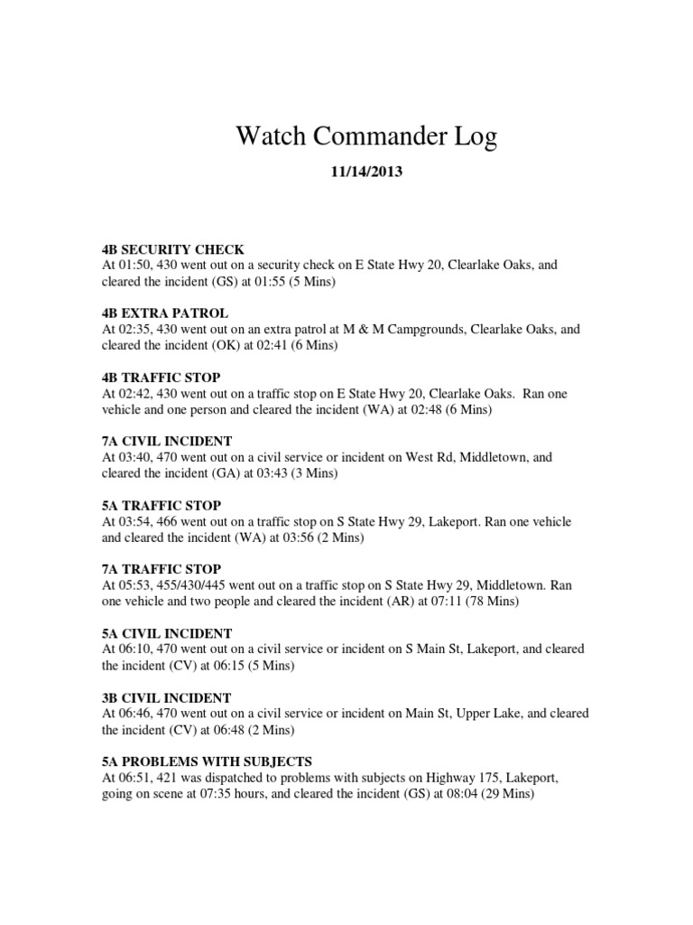 Watch Commander Log: 4B Security Check | PDF | Traffic | Traffic Stop