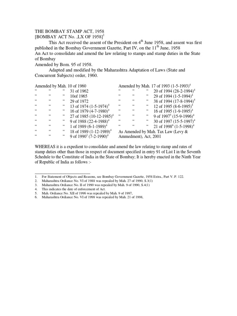 Bombay Stamp Act Overview 1958 | PDF | Lease | Ownership