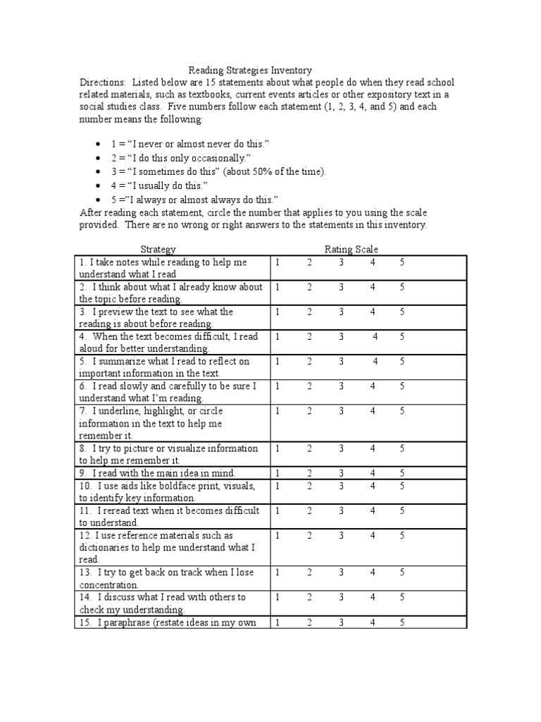 Reading Strategies Self-Assessment Tool | PDF | Epistemology | Learning