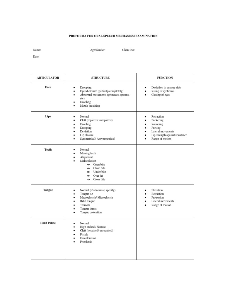Oral Speech Mechanism Examination Form | PDF | Foreign Language Studies