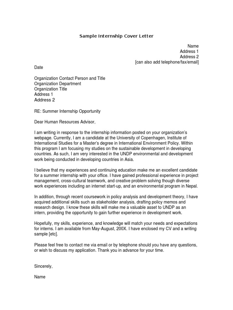Sample Internship Cover Letter | PDF