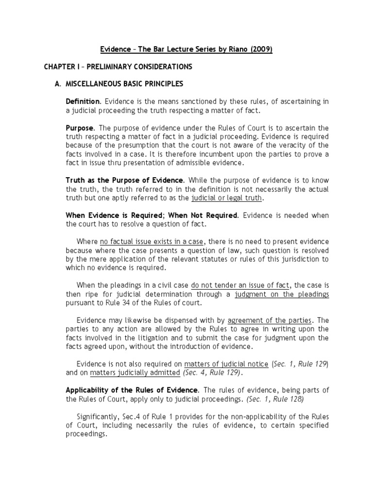 Evidence - The Bar Lecture Series (Riano) | PDF | Burden Of Proof (Law ...