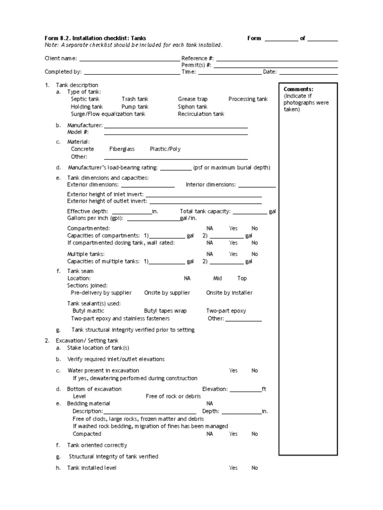 Form 8.2 Installation Checklist Tanks | Pipe (Fluid Conveyance) | Plumbing