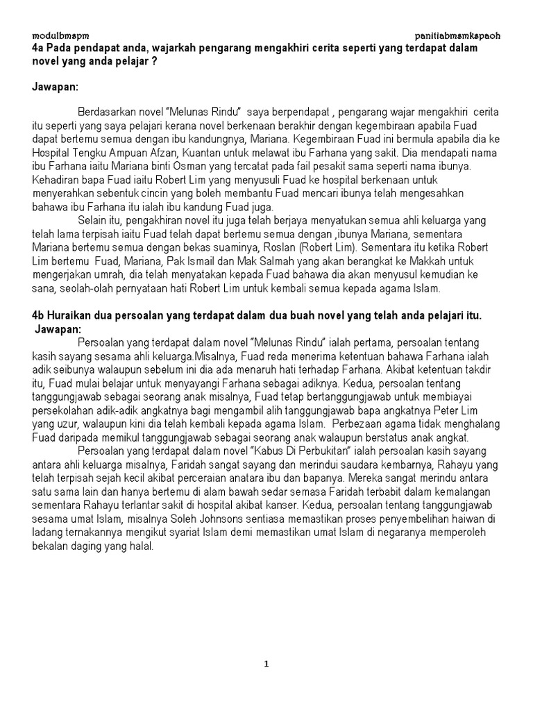 Contoh Jawapan Soalan Novel SPM Berdasarkan Soalan SPM 10 Tahun TAHUN ...