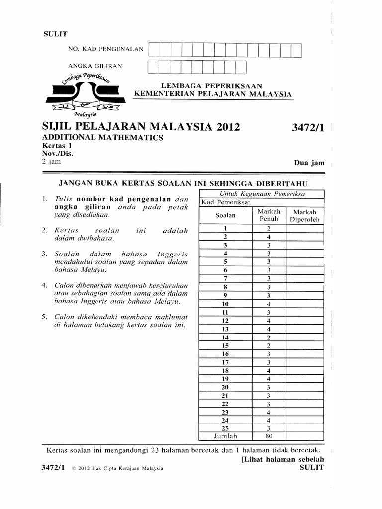 SPM 2012 Paper 1 | PDF