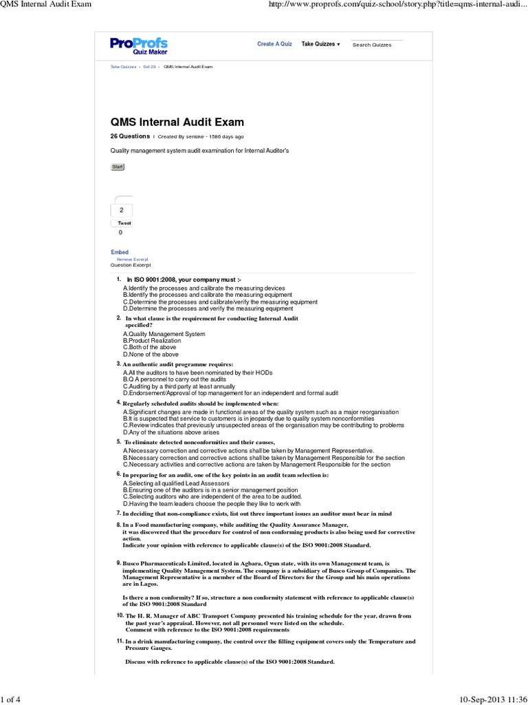 QMS Internal Audit Exam | PDF | Audit | Internal Audit
