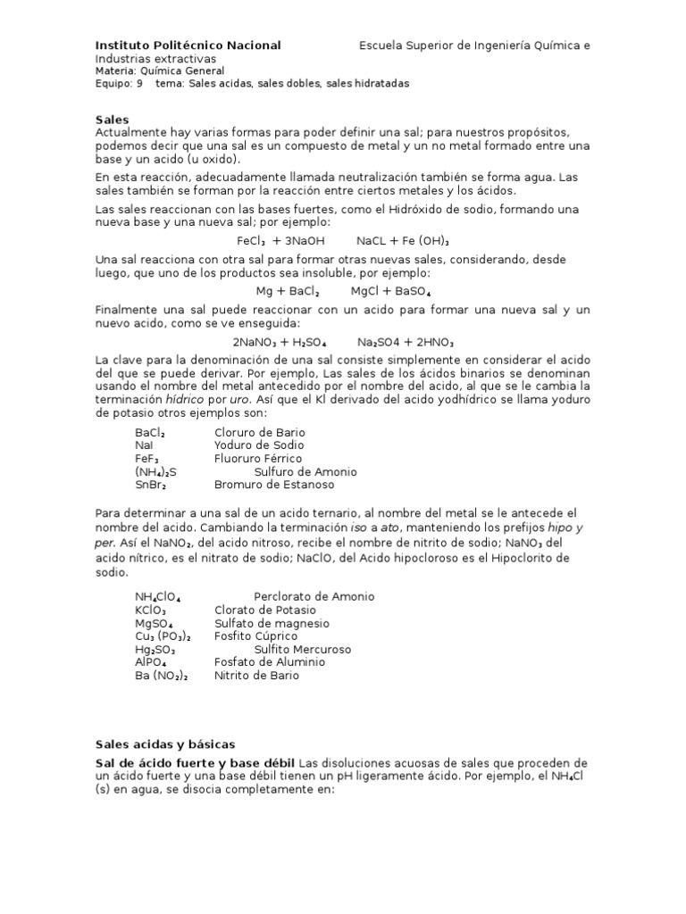 Sales Dobles, Anfoterismo, Sales Acidas | PDF | Sal (química) | Ácido