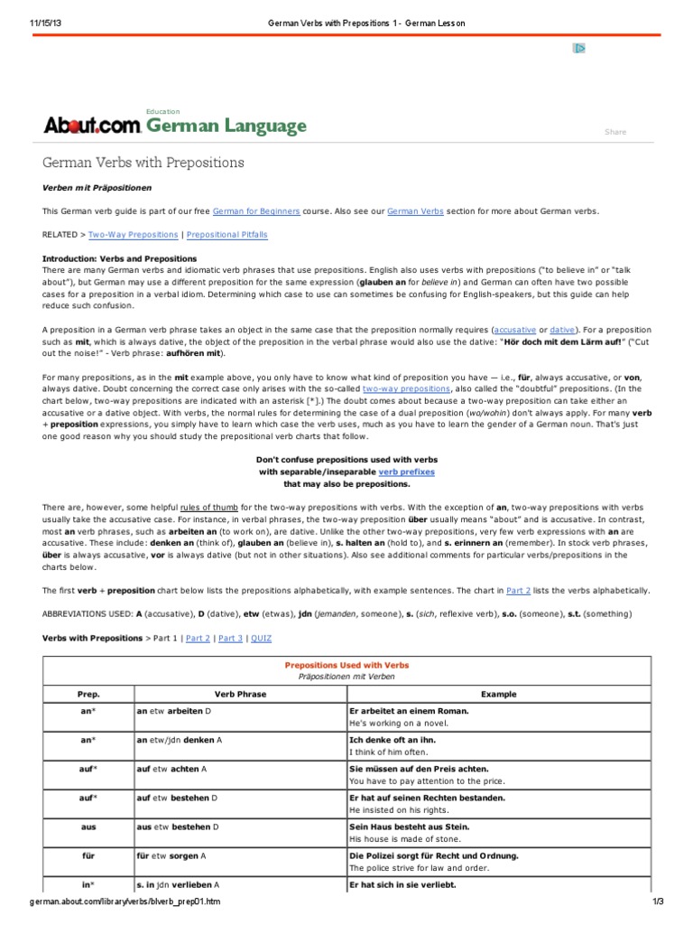 German Verbs With Prepositions 1 - German Lesson | PDF | Preposition ...