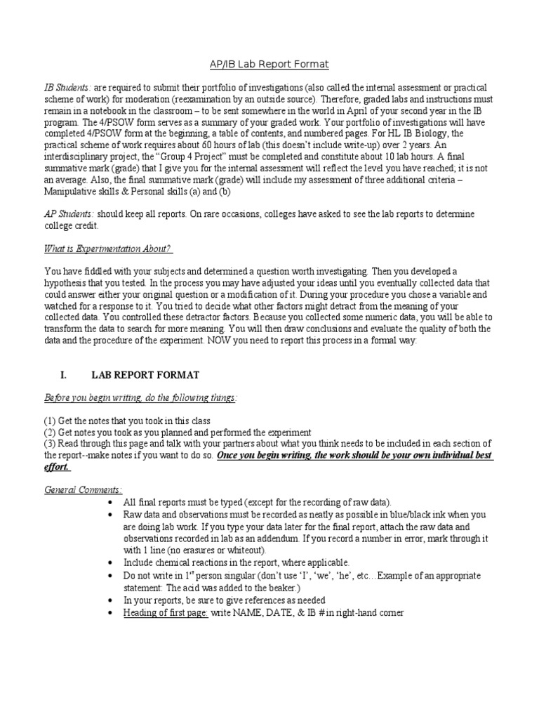 I. Lab Report Format: Effort | PDF | Educational Assessment | Experiment