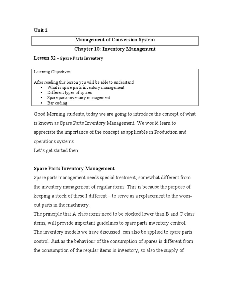 Unit 2 Management of Conversion System Chapter 10: Inventory Management ...