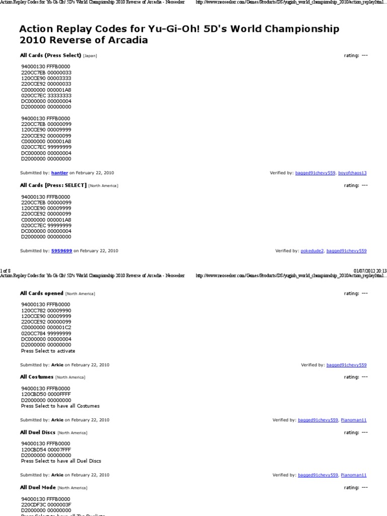 Action Replay Codes For Yu-Gi-Oh! 5D's World Championship 2010 Reverse ...