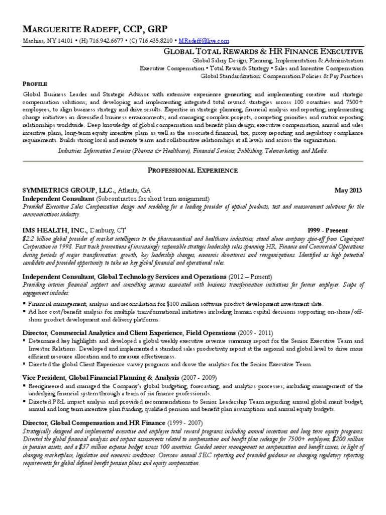Director VP Total Rewards in Northern CA Resume Marguerite Radeff ...