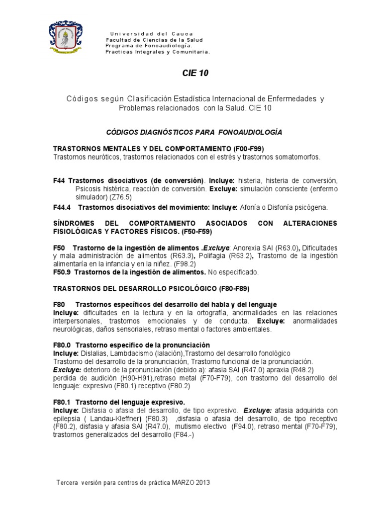 CIE 10 Codigos de Diagnóstico 2013 | PDF | Oído | Enfermedades y trastornos
