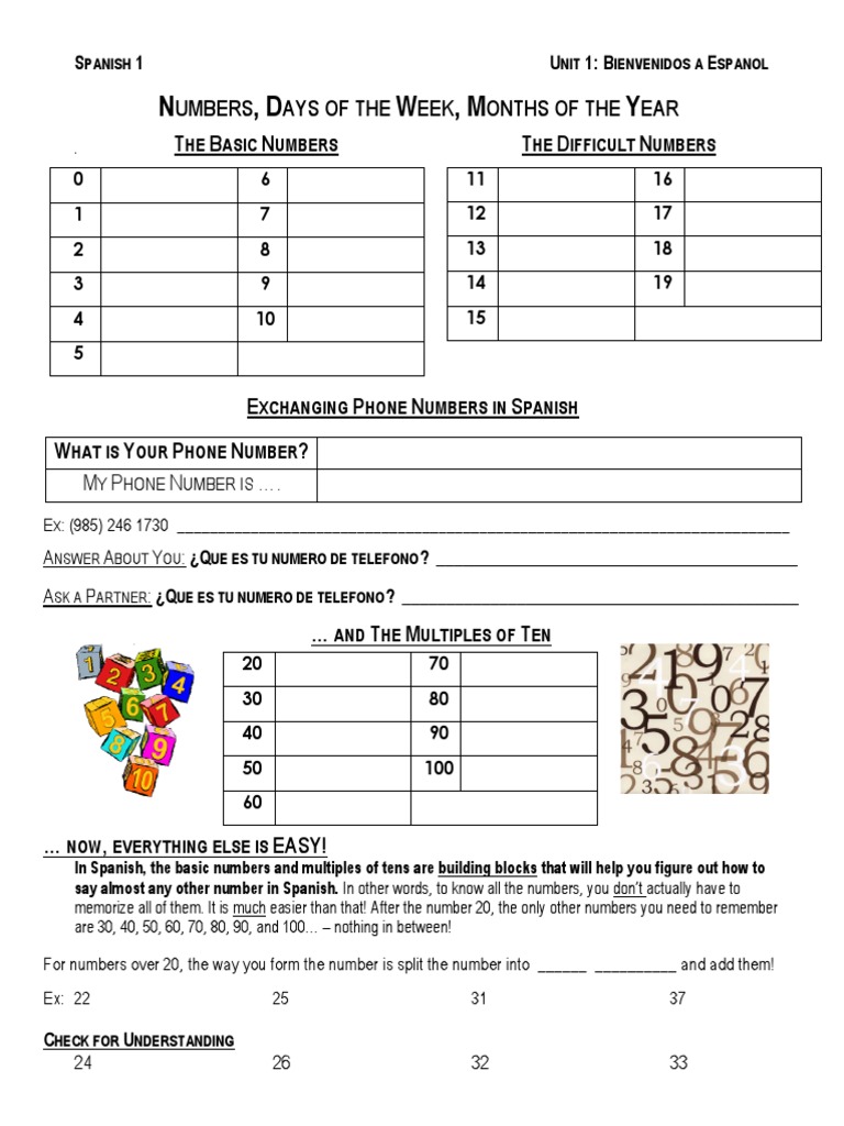 Spanish 1 - Numbers Days of The Week Months of The Year Blank Version ...