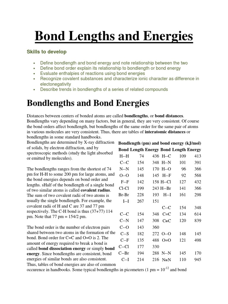 Bond Length and Bond Energy | PDF | Chemical Bond | Covalent Bond