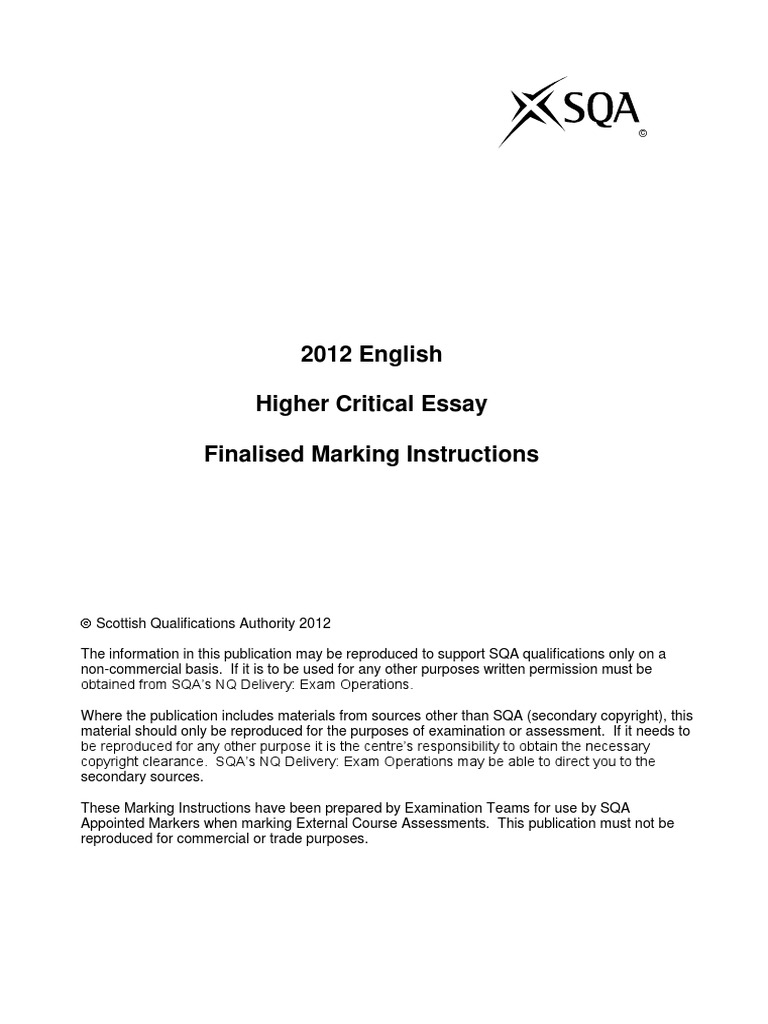 2012 English Higher Critical Essay Finalised Marking Instructions | PDF ...