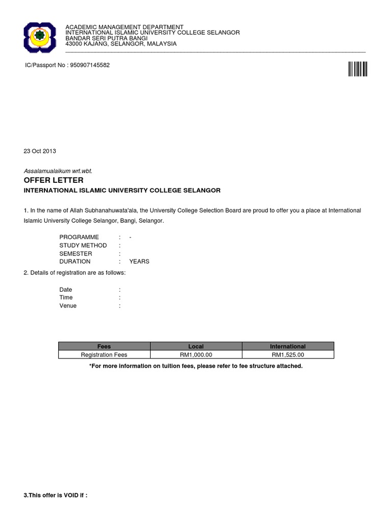 Offer Letter: International Islamic University College Selangor | PDF ...