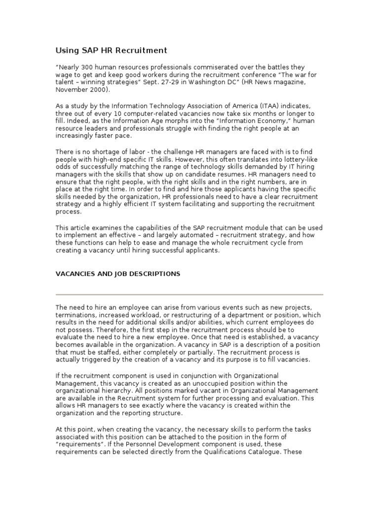 Using SAP HR Recruitment: Vacancies and Job Descriptions | PDF ...