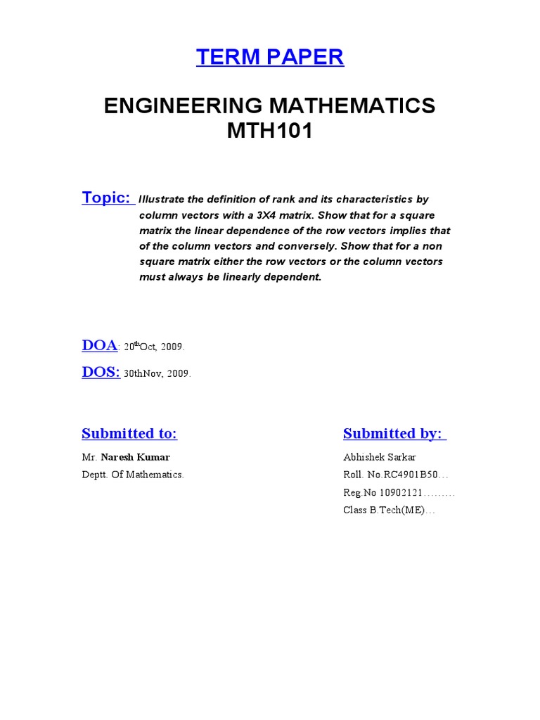 Engineering Mathematics MTH101: Term Paper | Download Free PDF | Matrix ...