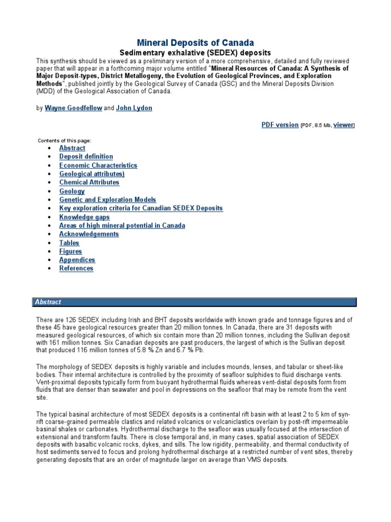Mineral Deposits of Canada: Sedimentary Exhalative (SEDEX) Deposits ...